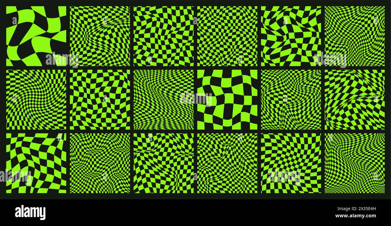 Trendy checkered pattern, black and green distorted tiled grid. Wavy ...