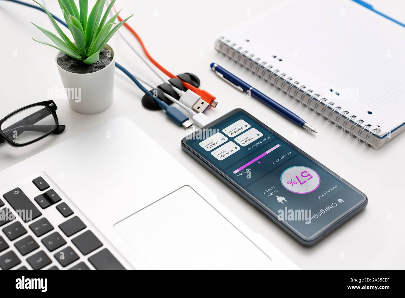 Charging phone, smart power strip. Phone charging concept Stock Photo ...