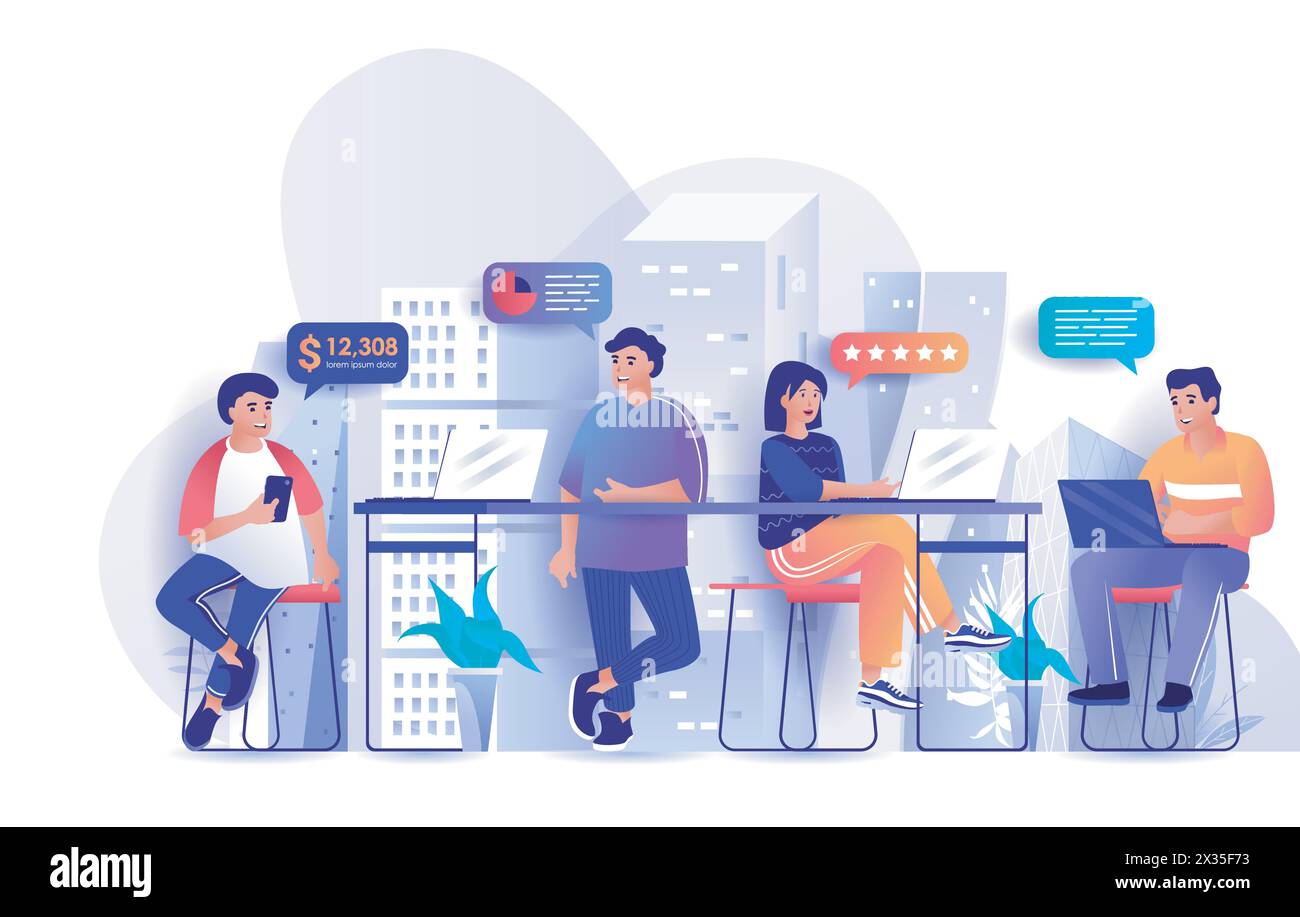 Open space office concept in flat design. Colleagues work in coworking ...