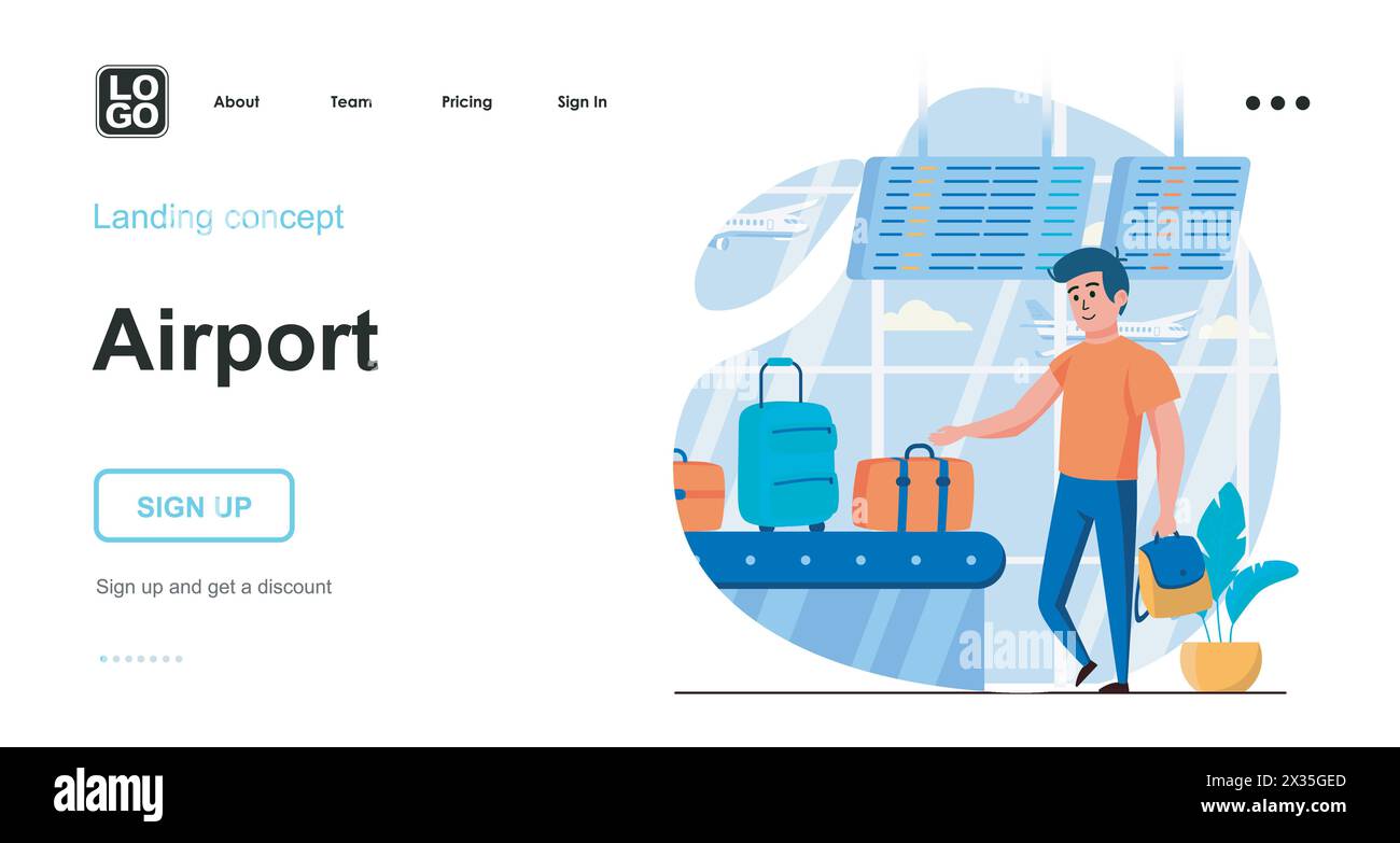 Airport web concept. Male pick up his luggage, arrival at destination ...