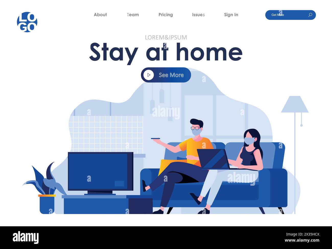 Stay at home flat landing page design. Young couple in medical masks ...