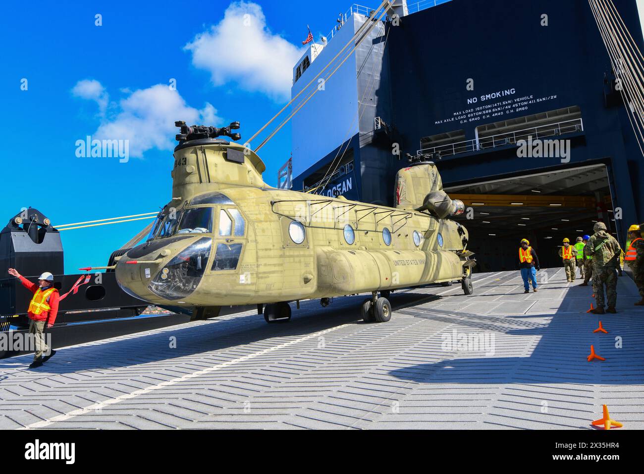 A CH-47 Chinook in support of Defender 24 is offloaded from the motor ...