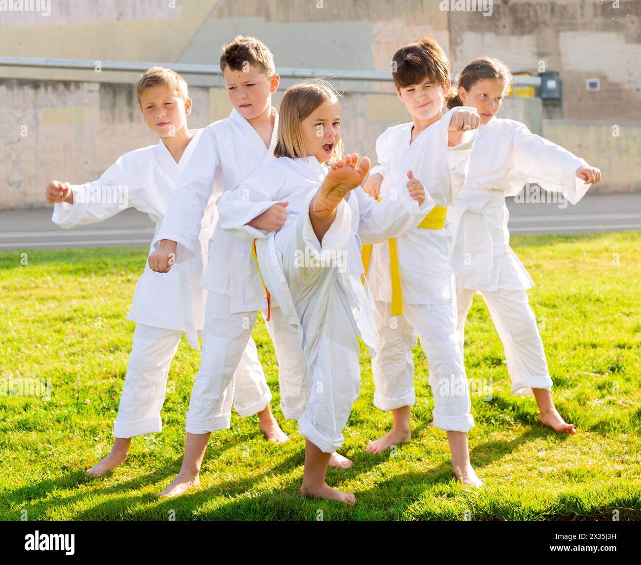 Group of preteen children practicing karate in summer park Stock Photo ...