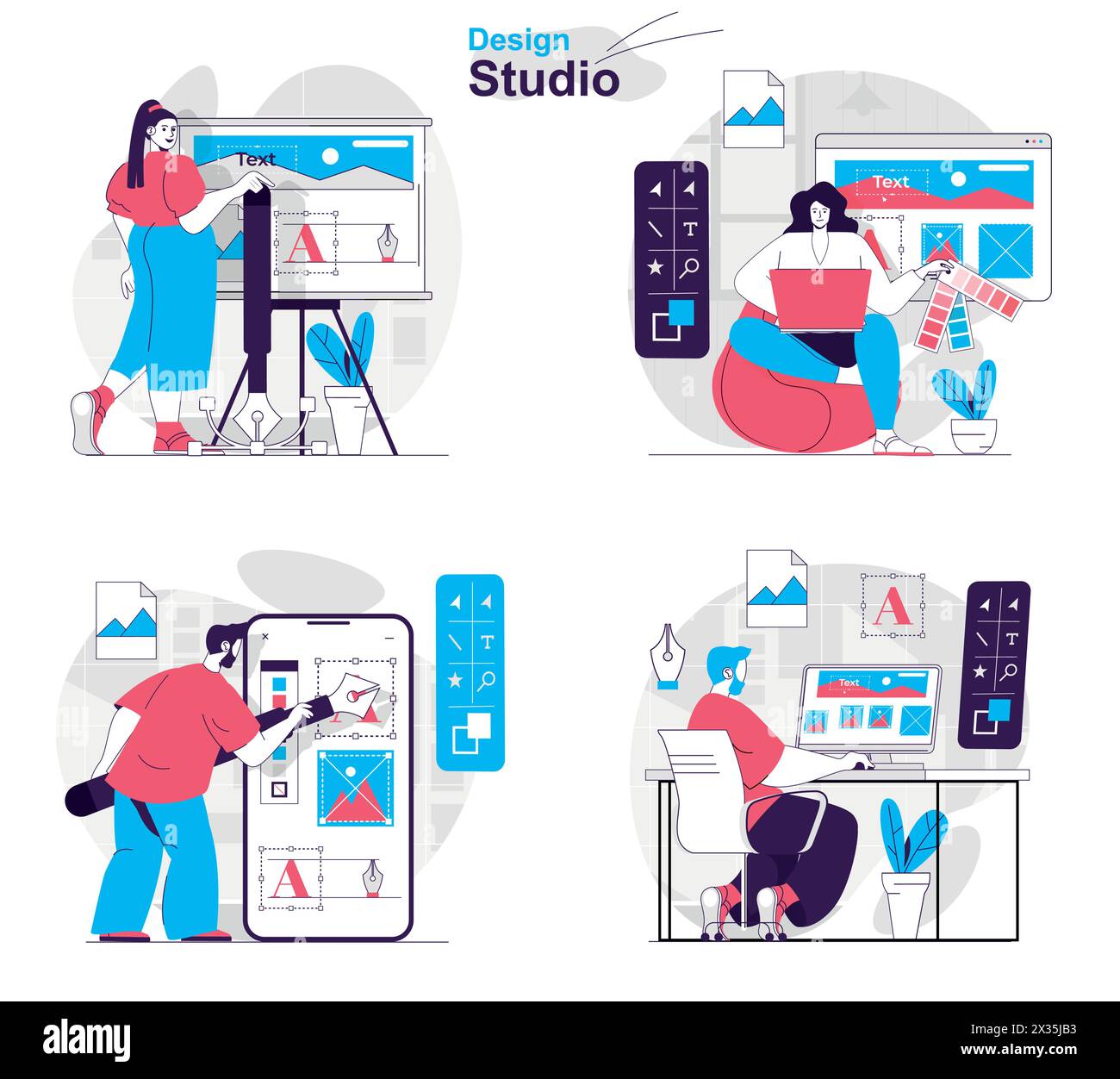 Design studio concept set. Designers draw images, layout elements ...