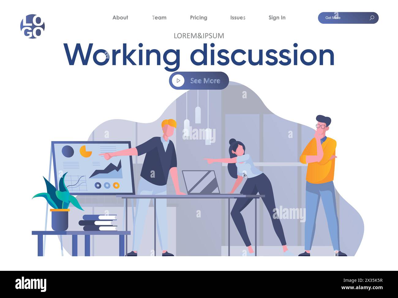 Working discussion landing page with header. Team of colleagues ...