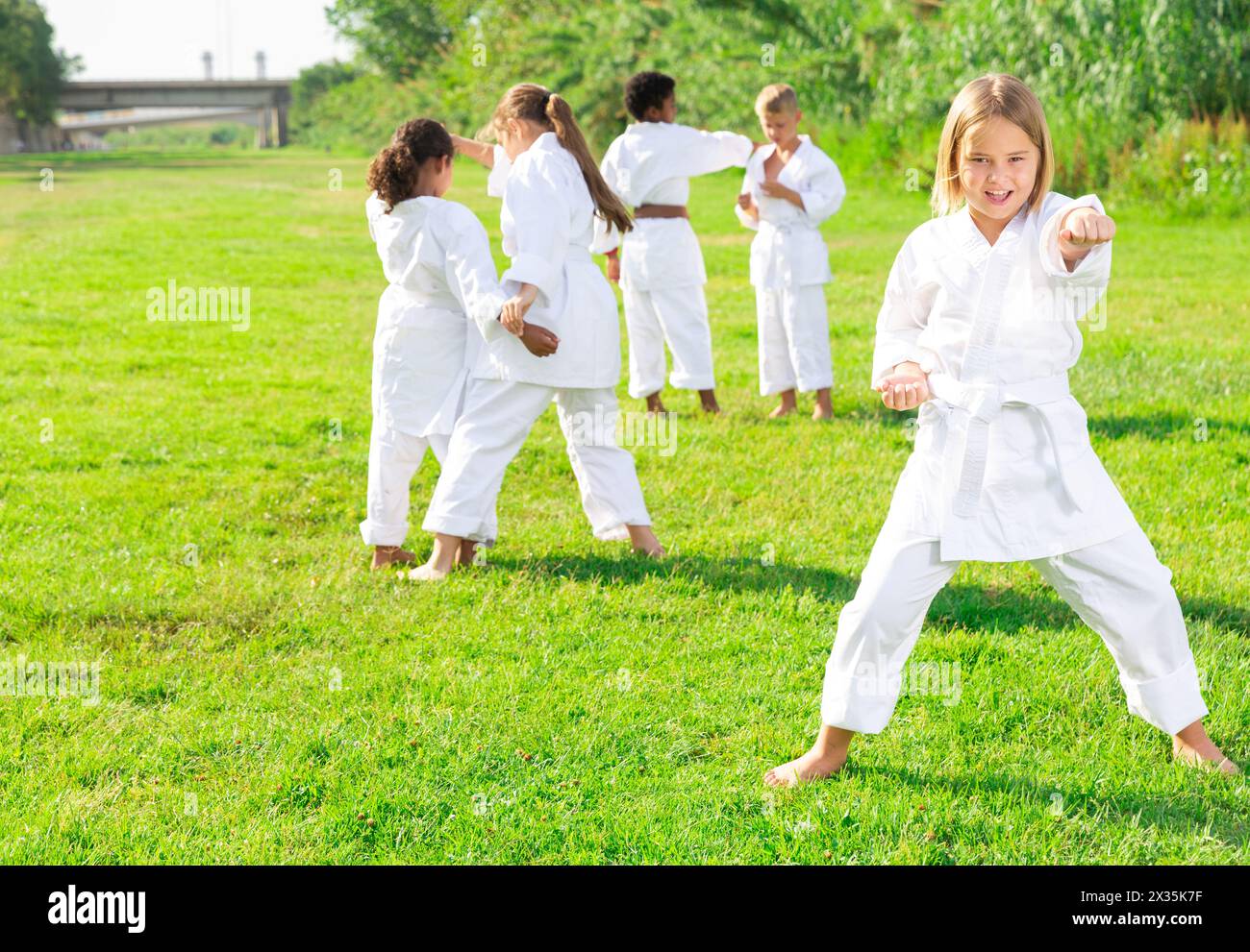 Tween girl exercising taekwondo techniques with group on green lawn ...