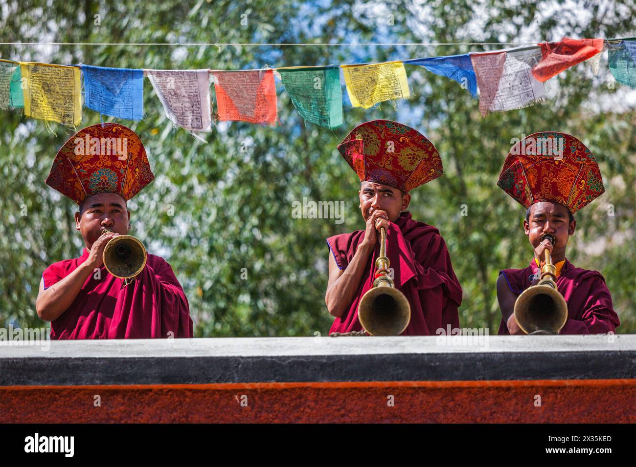 Tibetan Buddhist monks playing traditional musical instruments Stock ...