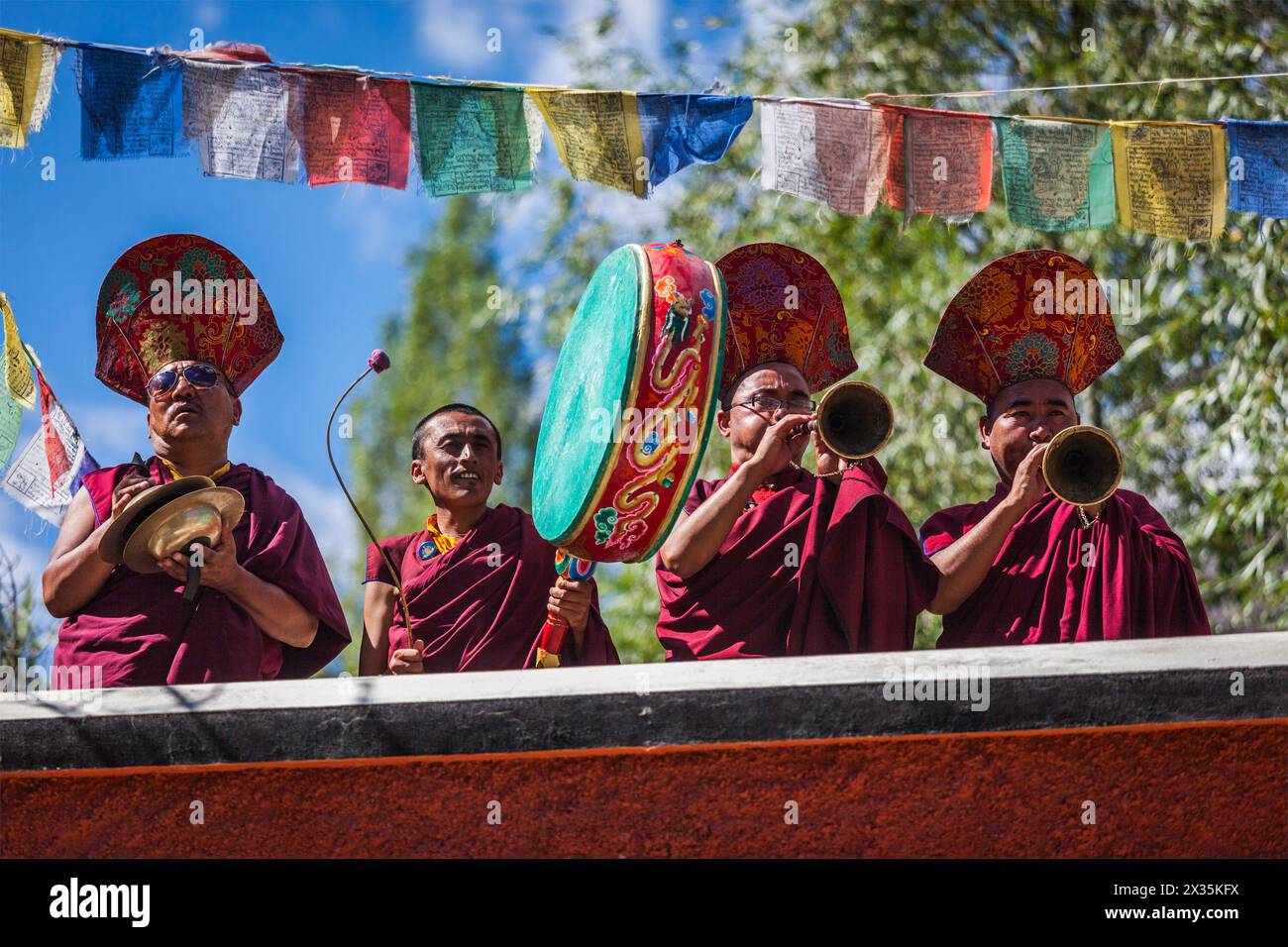 Tibetan Buddhist monks playing traditional musical instruments Stock ...