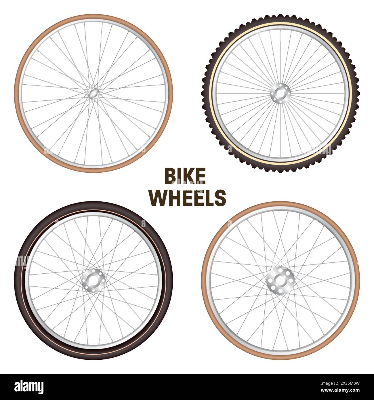 Realistic 3d retro bicycle wheels. Vintage bike rubber tyres, shiny ...