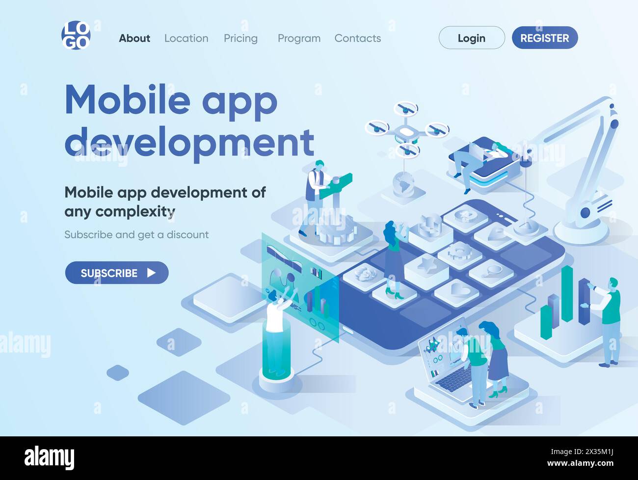 Mobile app development isometric landing page. UI UX responsive design ... Mobile app development isometric landing page. UI UX responsive design ...
