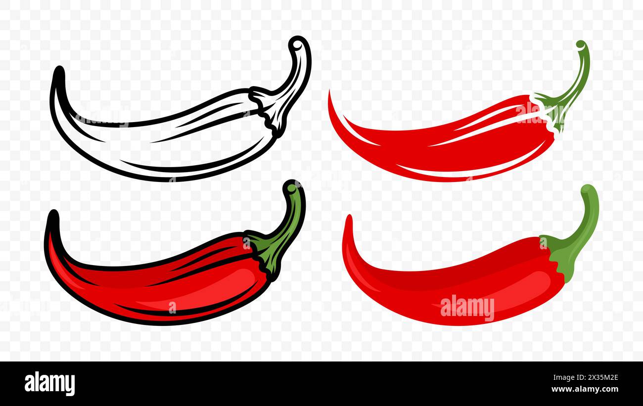 Cartoon Red Hot Chili Pepper Icon Set Closeup, Isolated. Hand Drawn ...
