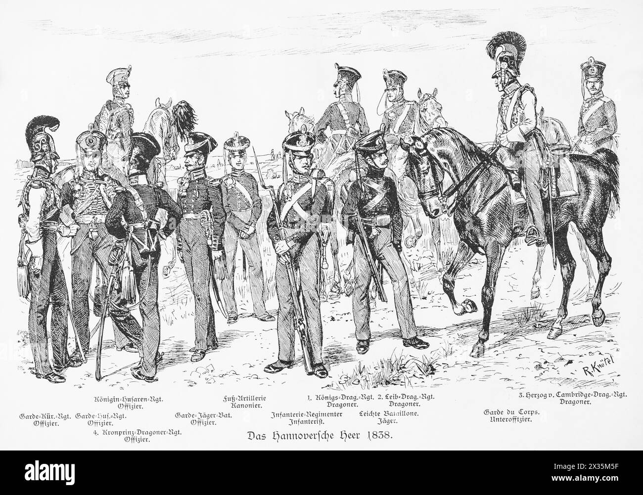 Historical illustration of uniforms around 1838, soldiers and officers ...