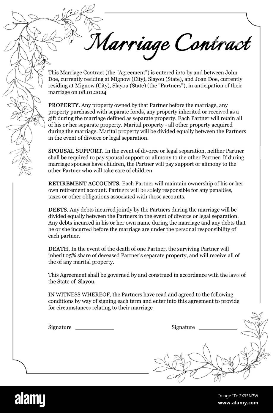 Marriage contract. Text of agreement on white background Stock Photo ...