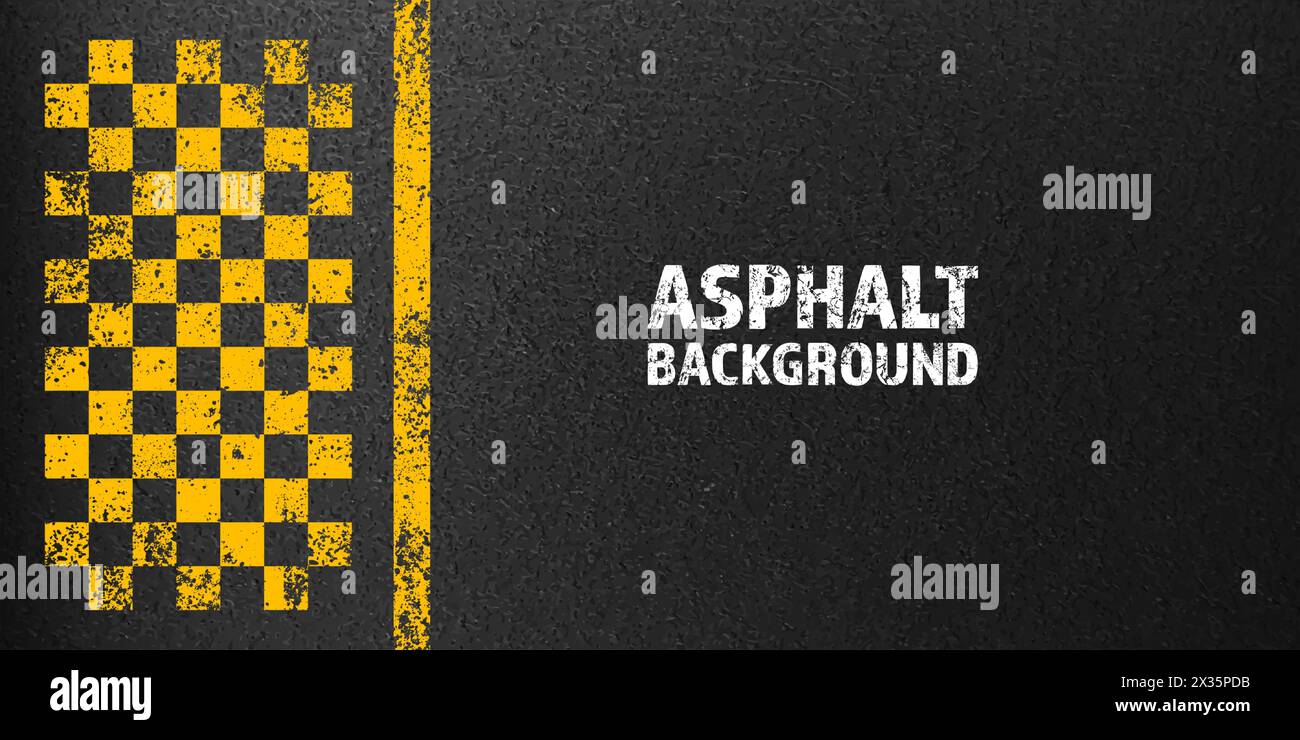 Asphalt road with yellow cracked lane marking, concrete highway surface ...