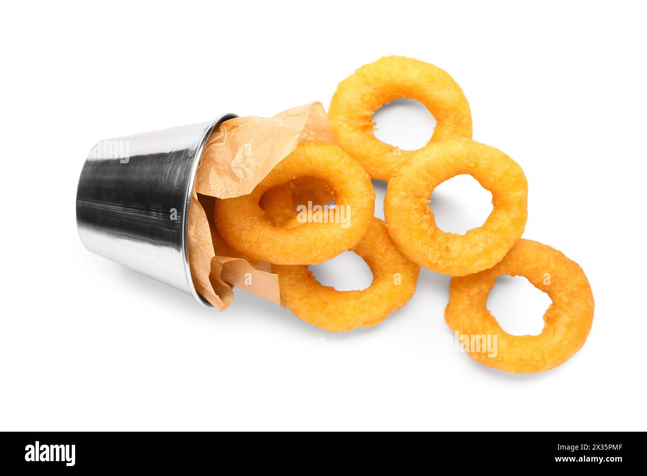 Metal bucket with fried breaded onion rings on white background Stock ...