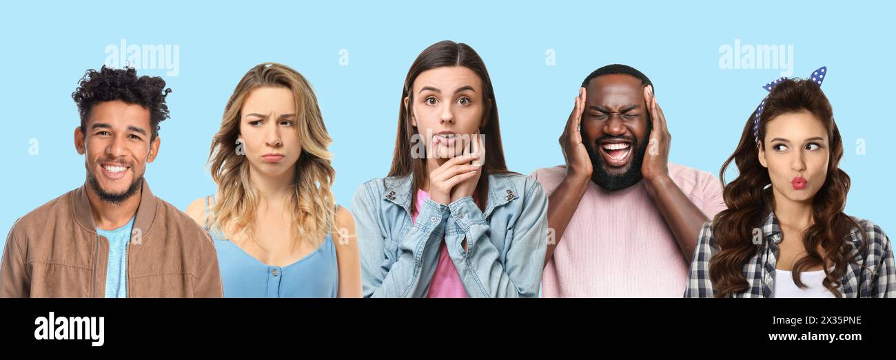 Group of emotional people on light blue background Stock Photo - Alamy