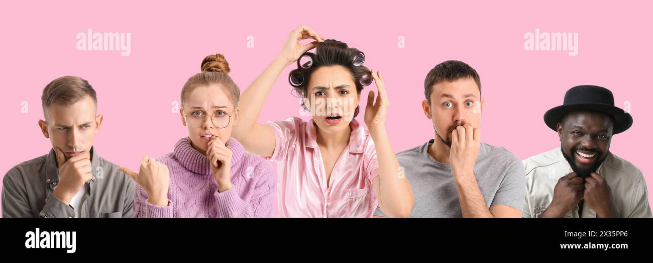 Group of emotional people on pink background Stock Photo - Alamy