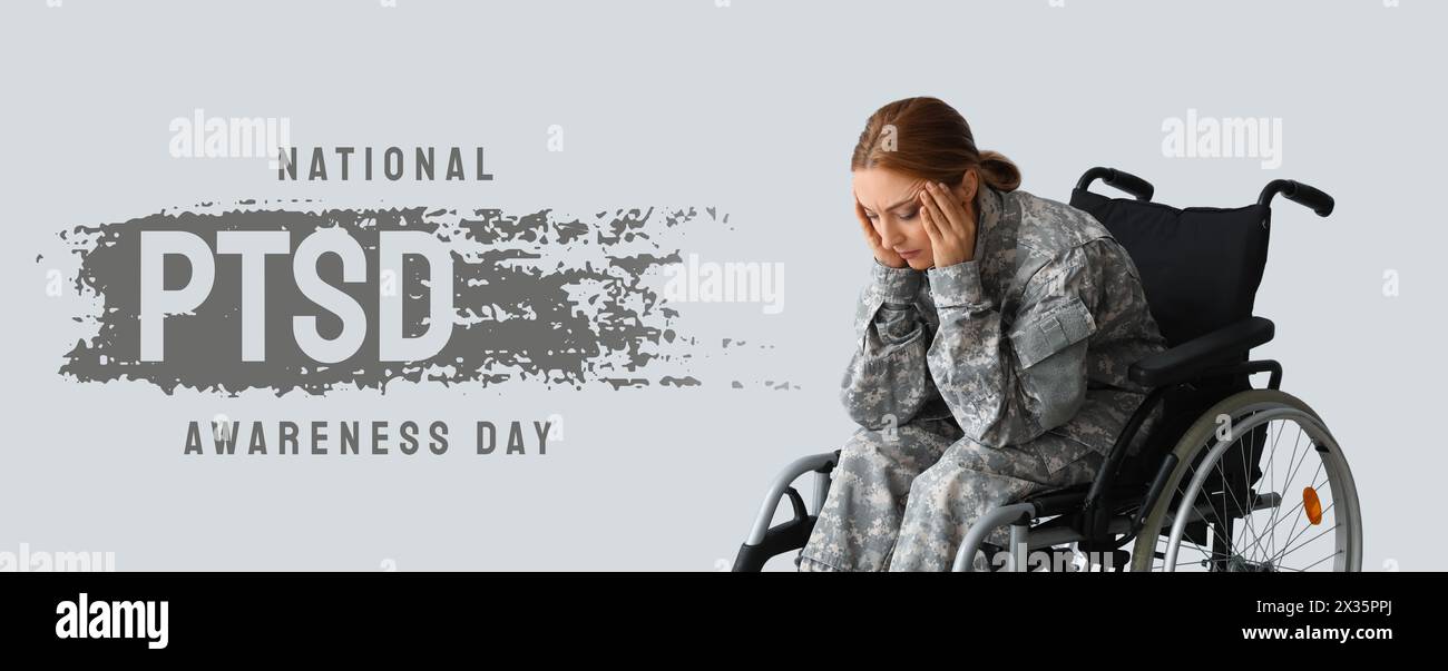 Sad female soldier in wheelchair on light background. Banner for ...