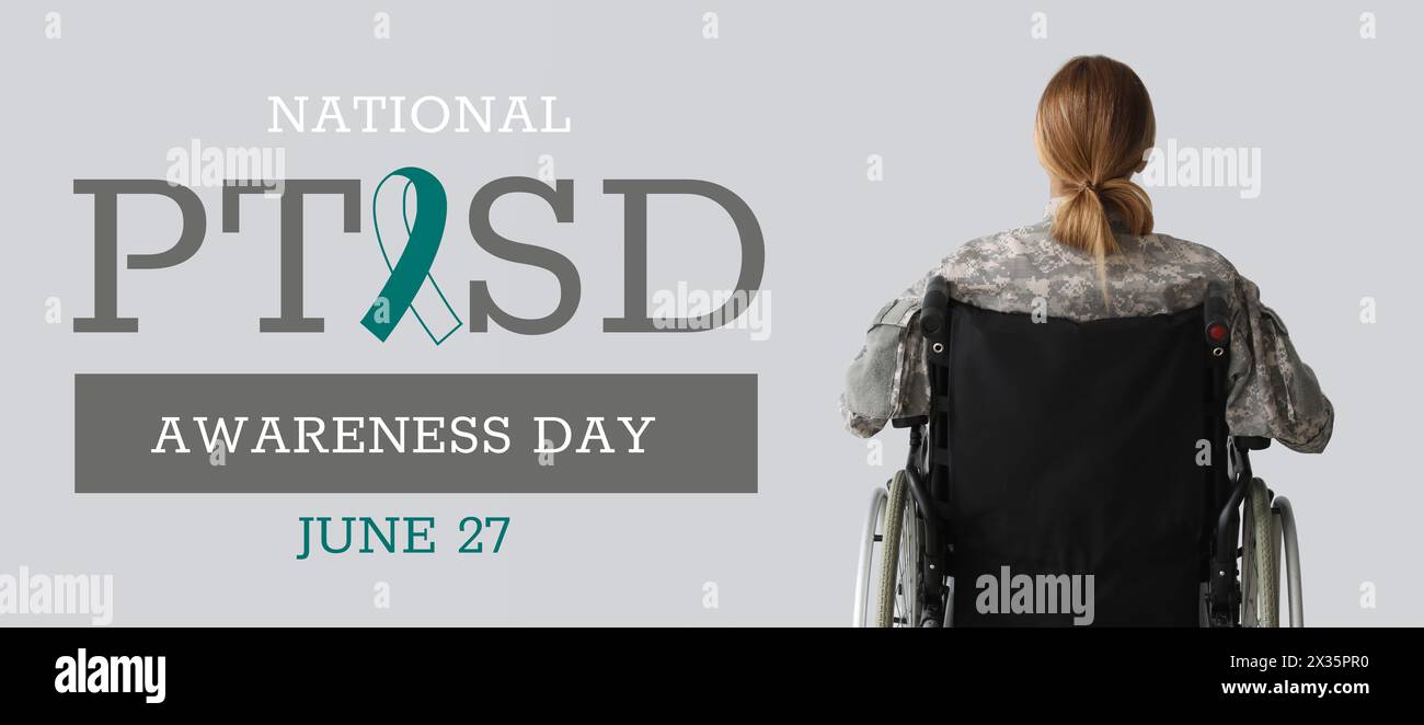 Female soldier in wheelchair on light background. Banner for National ...