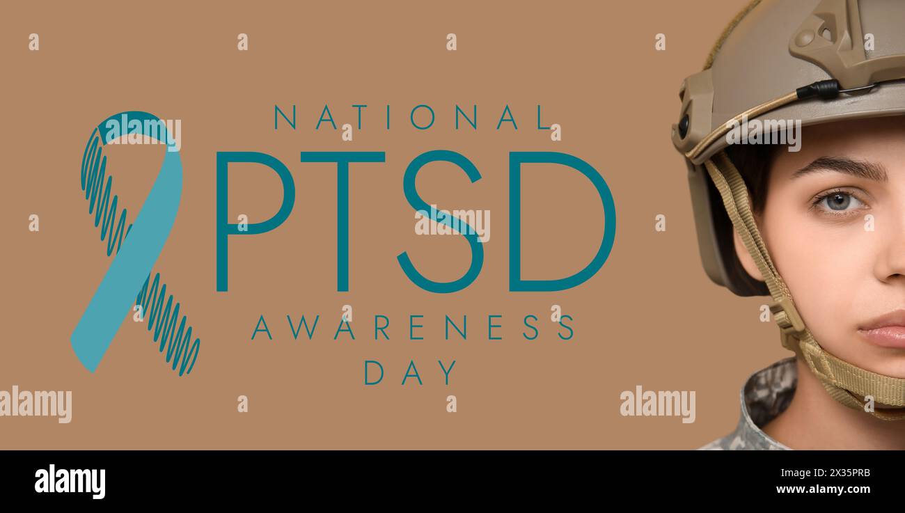 Female soldier on beige background. Banner for National PTSD Awareness ...