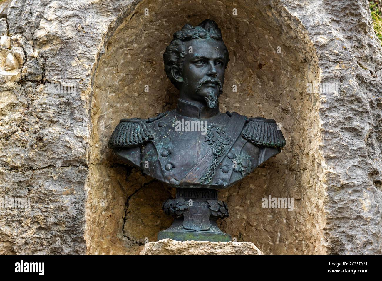 Bust of King Ludwig II, at the ruins of Falkenstein Castle, near ...