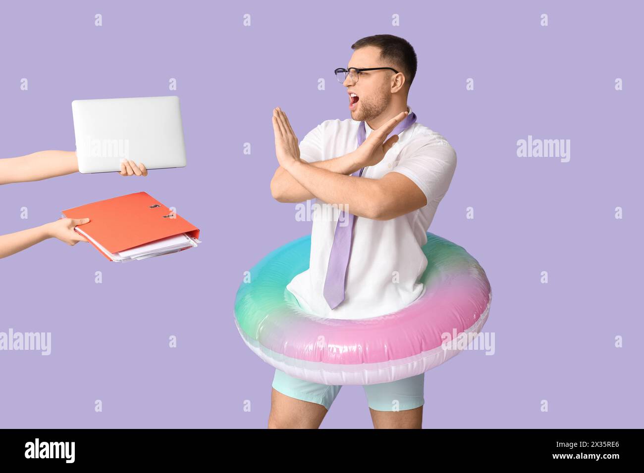 Angry office worker with inflatable ring showing refusal sign against ...