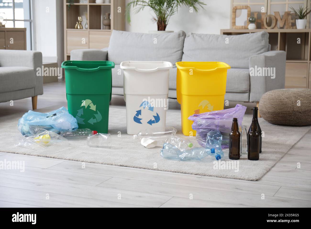 Containers for garbage and different rubbish on floor in living room ...