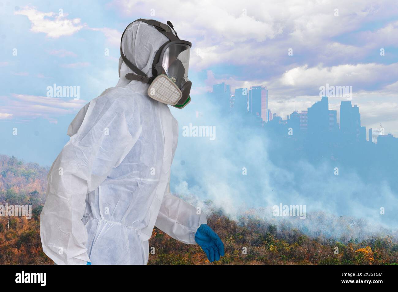 Officer wearing white protection suit and full face gas mask with ...
