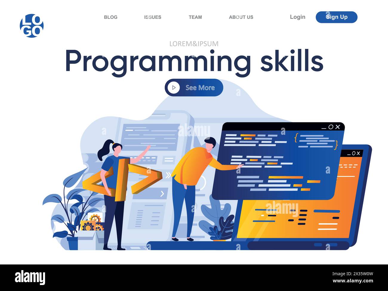 Programming Skills Flat Landing Page Developers Team Creating Testing And Programming Computer