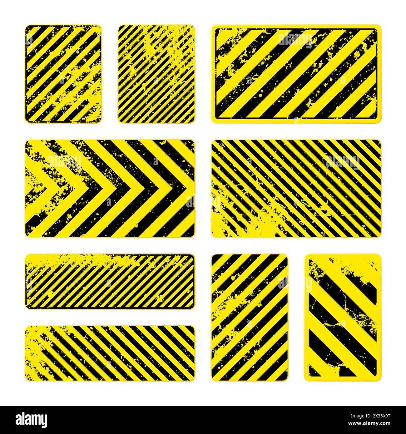 Various yellow grunge warning signs with diagonal lines. Old attention ...