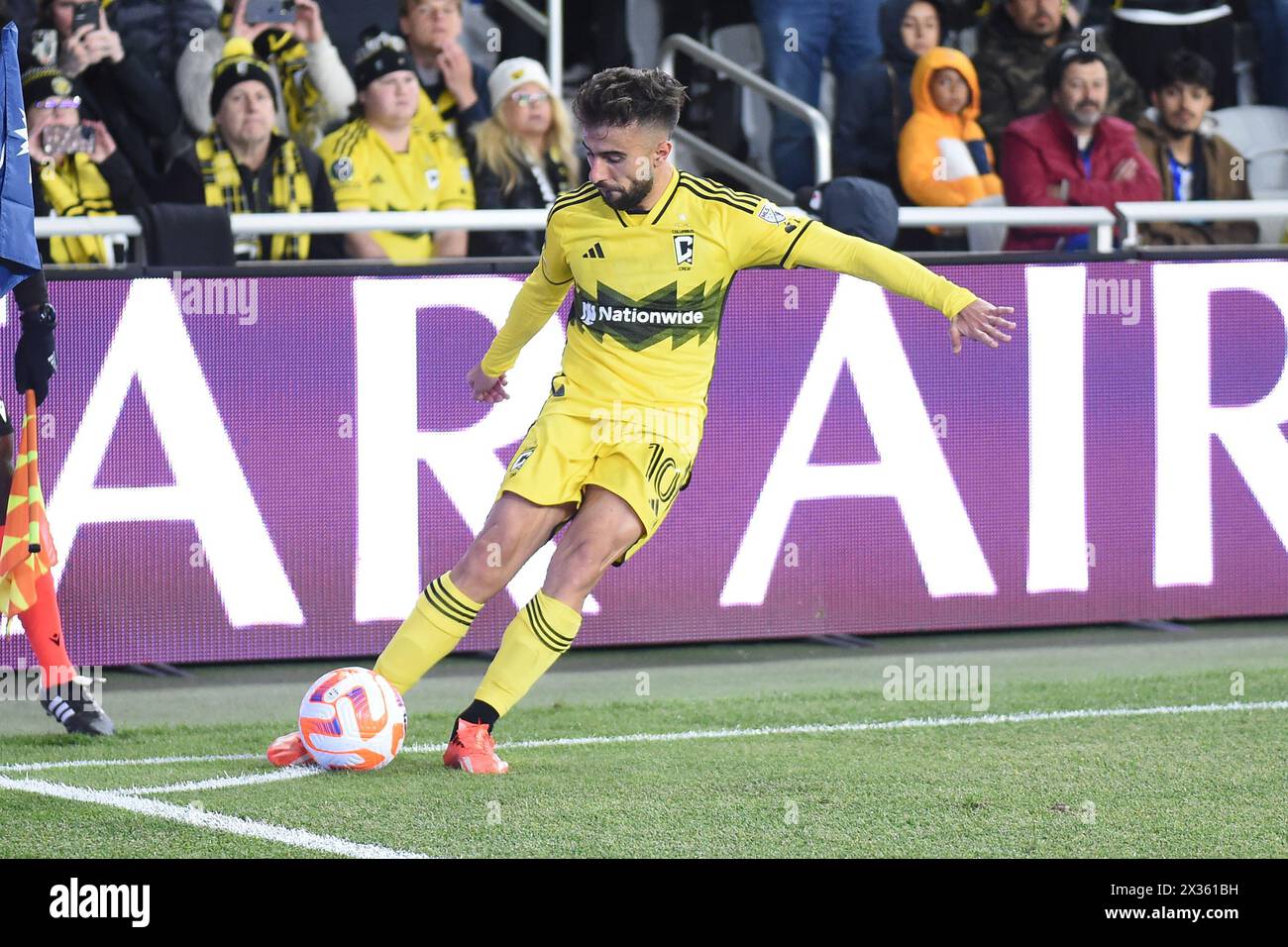 April 24, 2024: Columbus Crew forward Diego Rossi (10) serves the ...