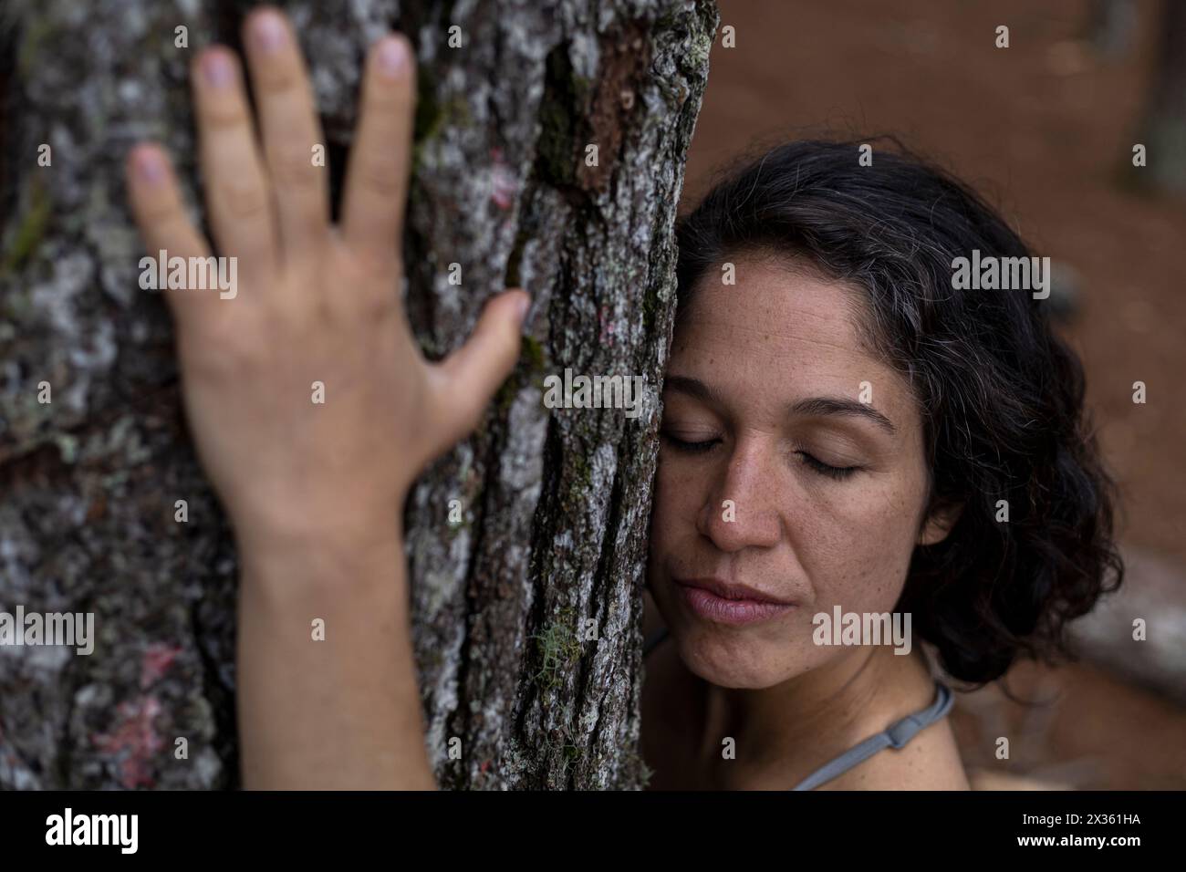 Young Latin American woman (38) with closed eyes hugs a tree in a pine ...