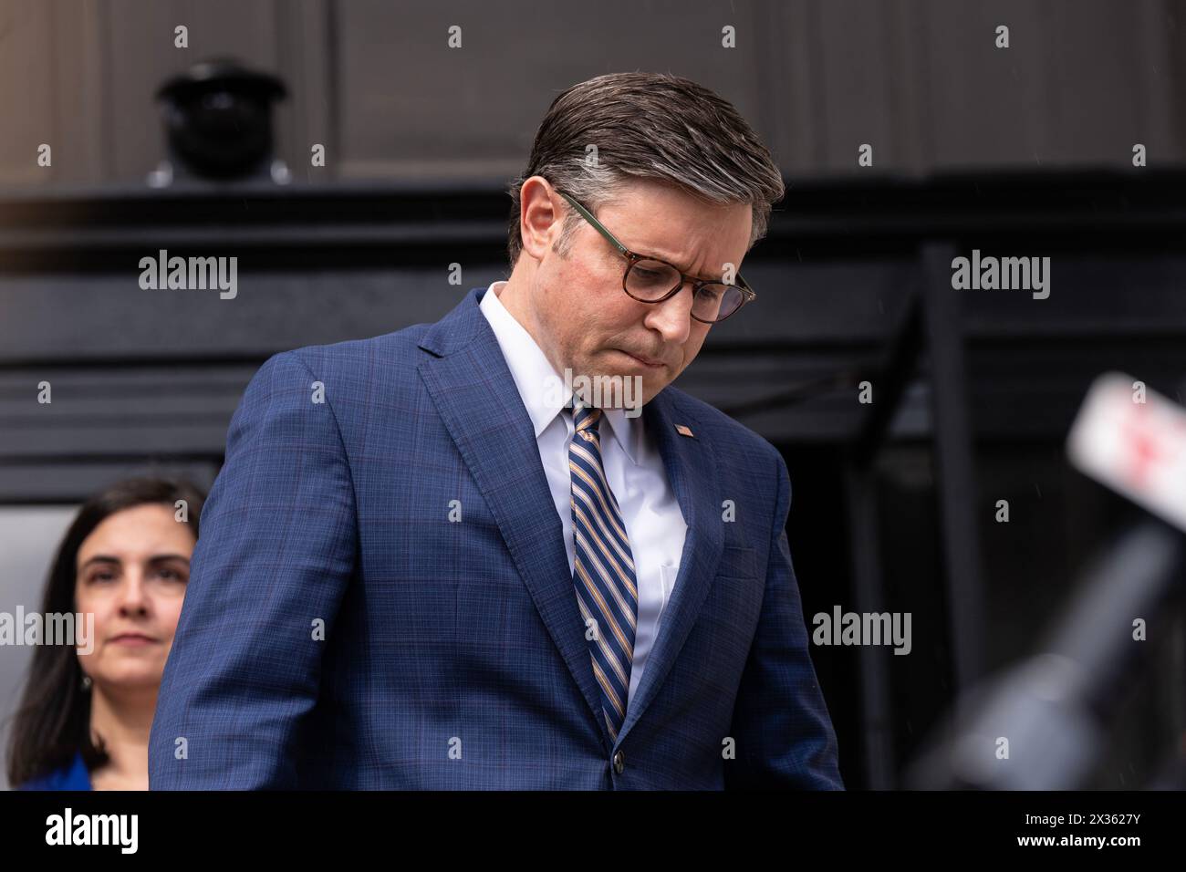 US House Speaker Mike Johnson arrives for press briefing at Columbia ...