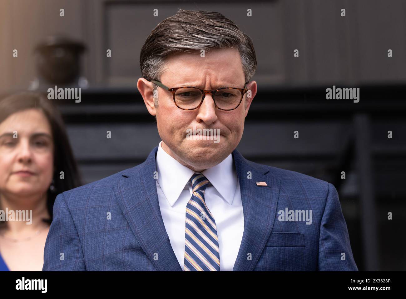 US House Speaker Mike Johnson arrives for press briefing at Columbia ...