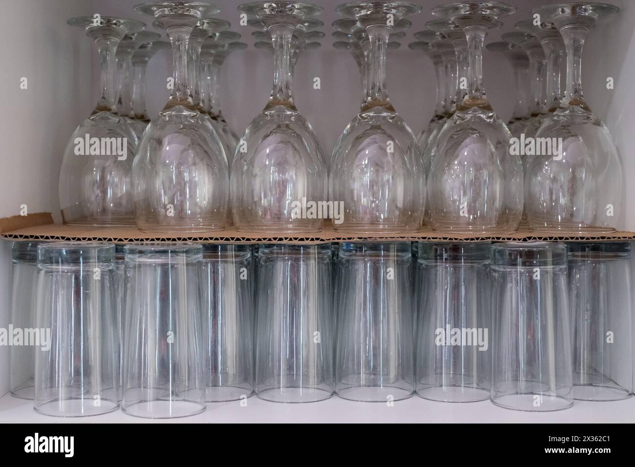 A row of clear glasses are lined up on a shelf. The glasses are all the ...