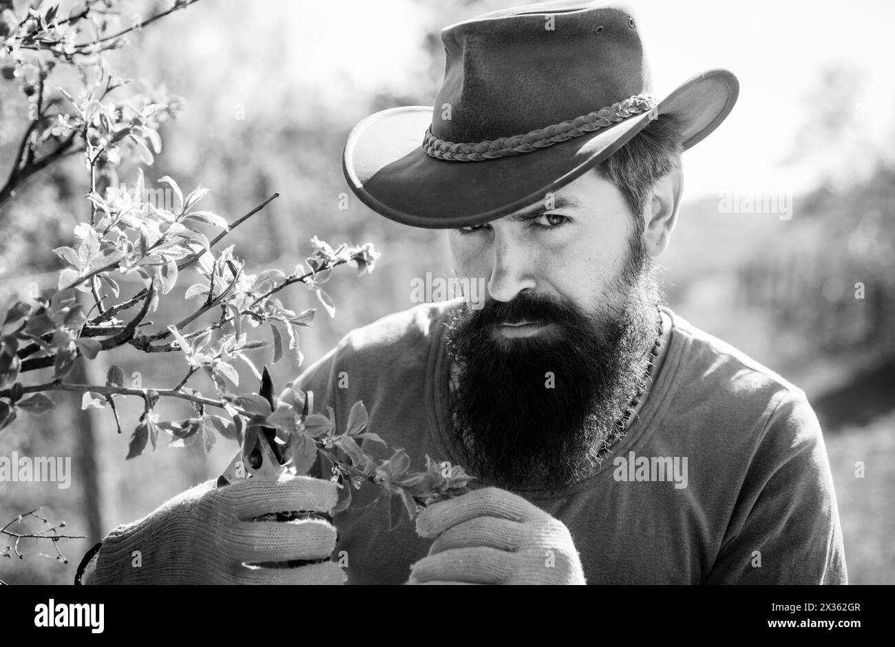 Farmar enjoy spring nature and take care about her plants. Earth day ...