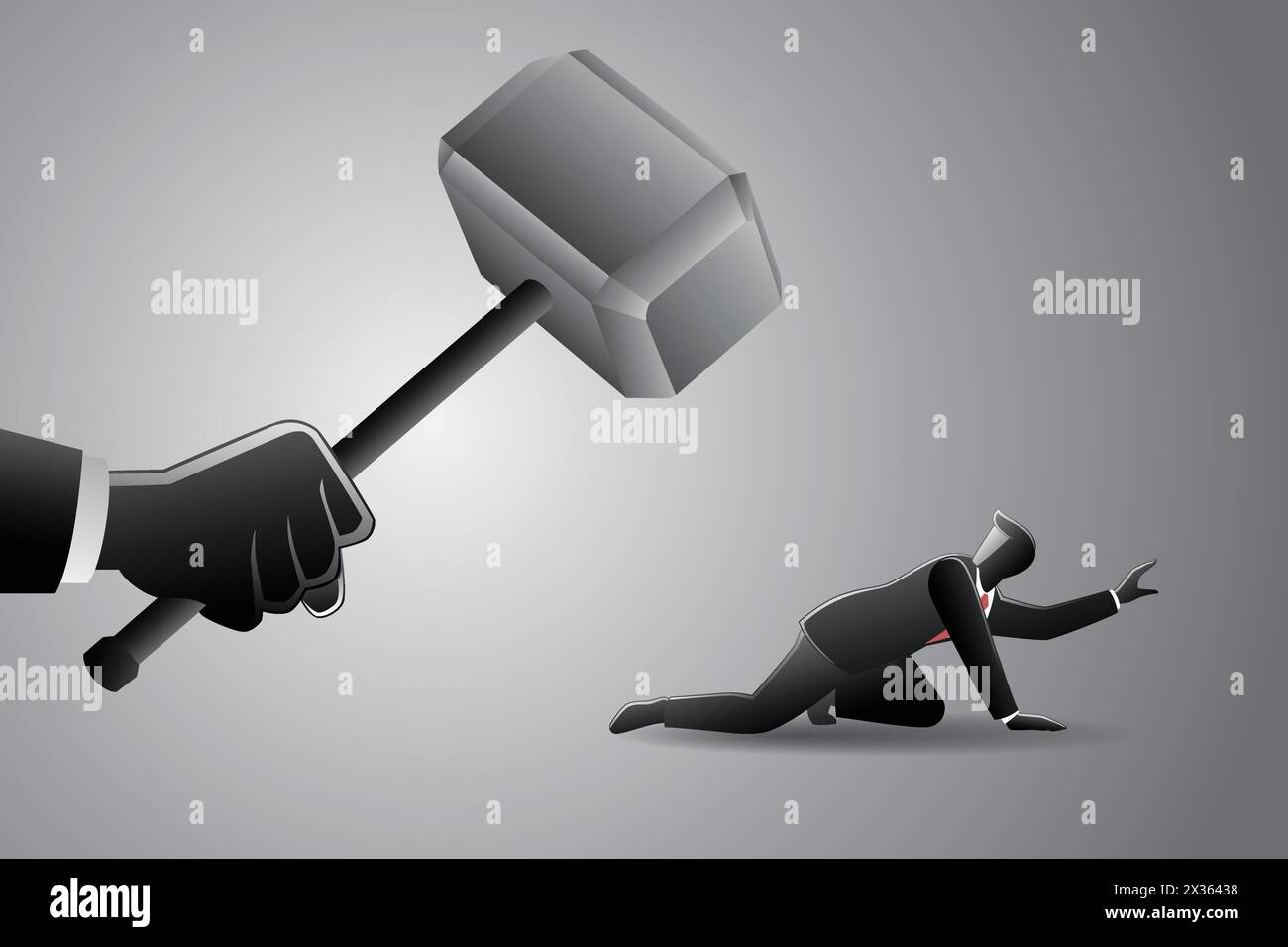 Vector illustration of business concept, big hand with hammer chasing a ...