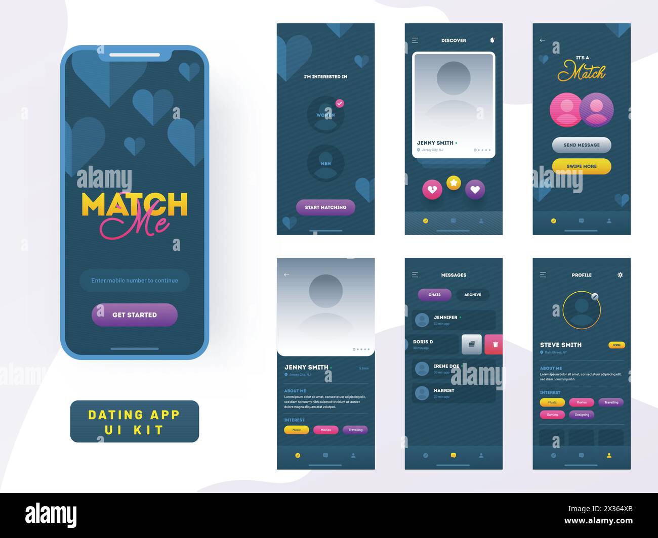 Dating app ui kit for responsive mobile app or website with different gui layout including user ...
