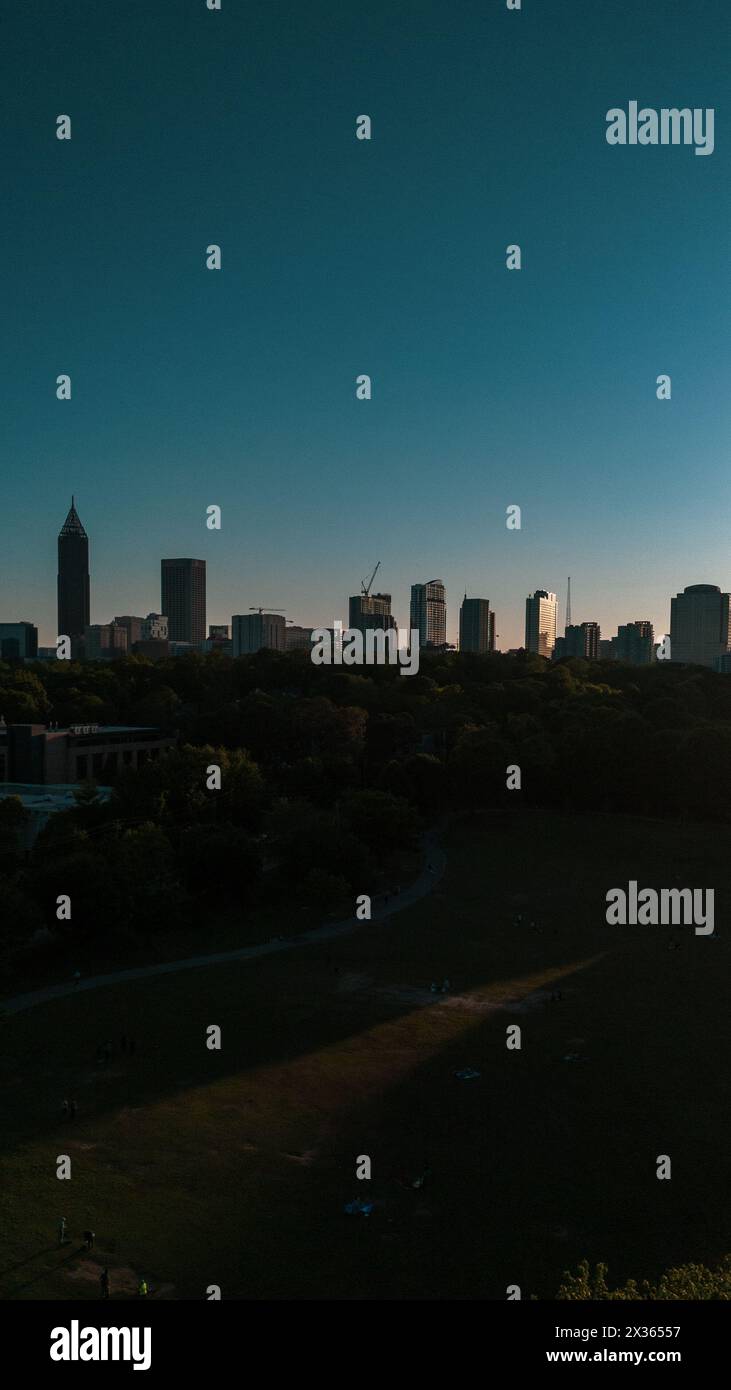 Panoramic aerial view of Atlanta skyline during sunset shot from ...
