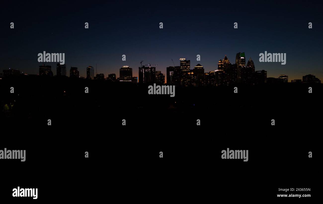 Panoramic aerial view of Atlanta skyline during sunset shot from ...