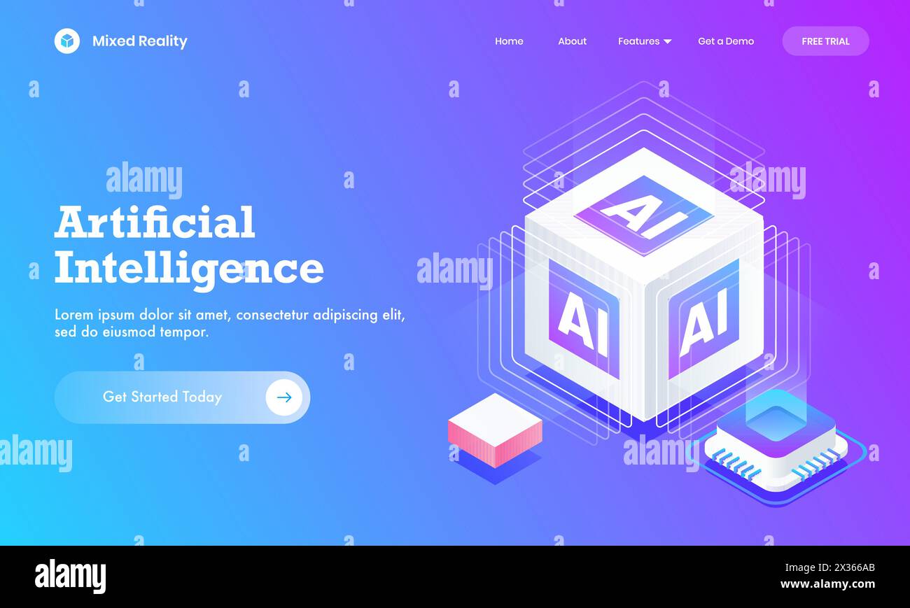 Artificial Intelligence website poster or landing page design with 3d ...