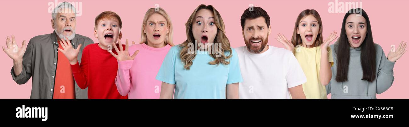 Group of surprised people on pink background, banner design Stock Photo ...