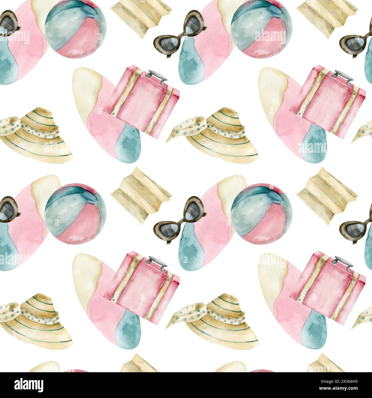 Pink retro luggage, map, colorful ball, surf and sunglasses seamless ...