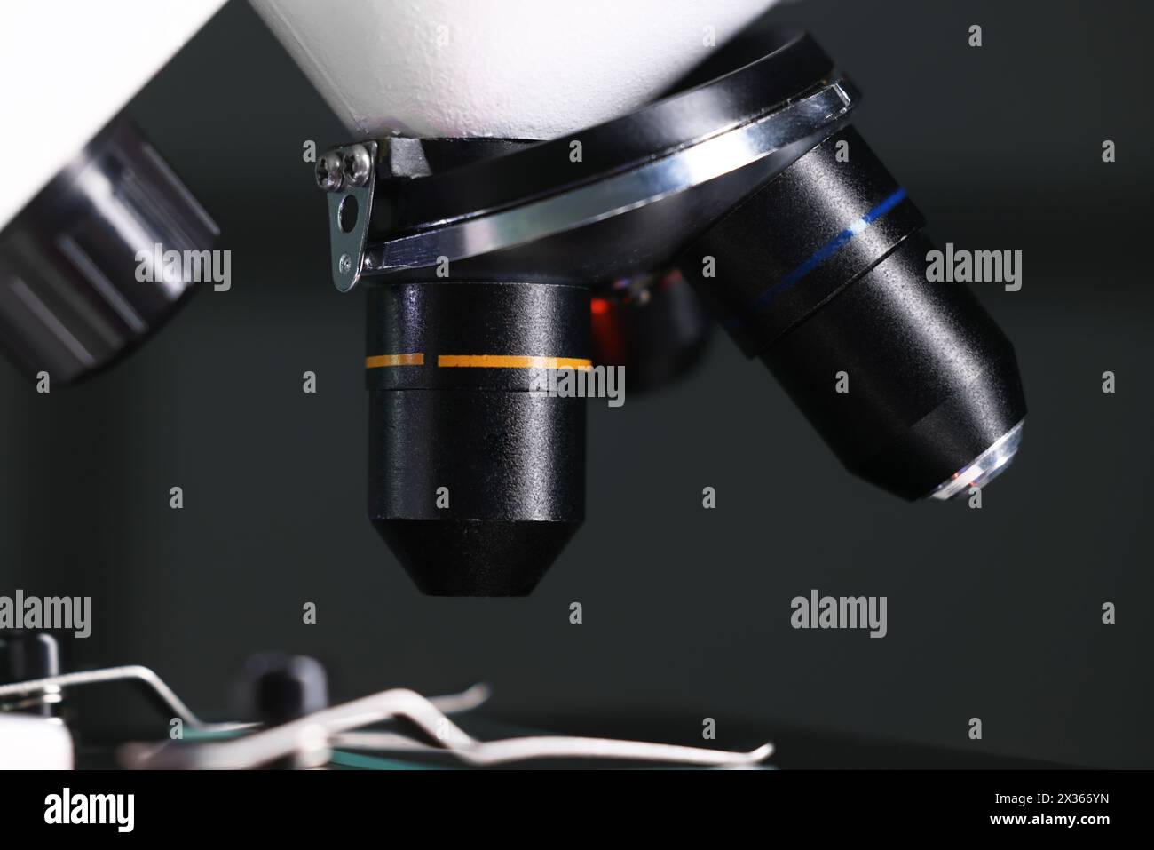 One microscope on dark background, closeup view Stock Photo - Alamy