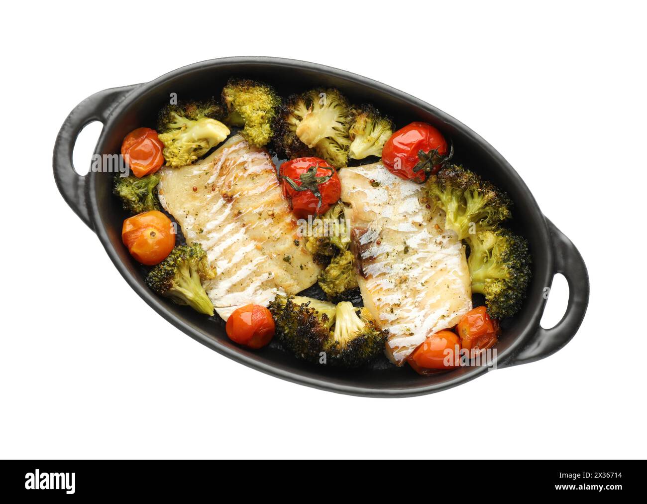 Tasty cod cooked with vegetables in baking tray isolated on white, top ...