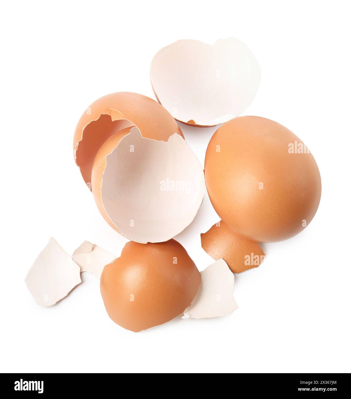 Chicken egg and pieces of shell isolated on white, top view Stock Photo ...