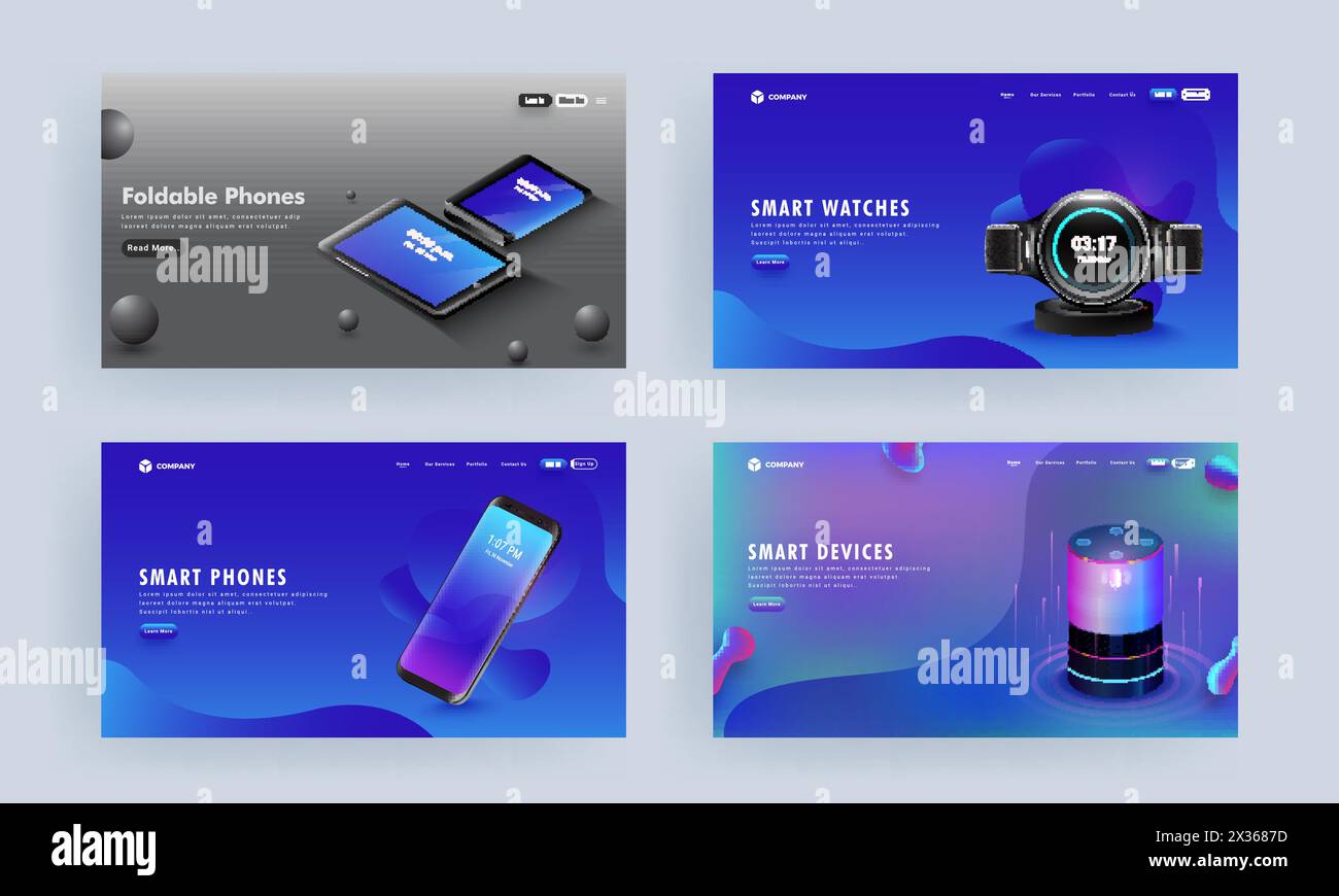 Landing page or hero shots set with gadgets like as smartphone, voice ...