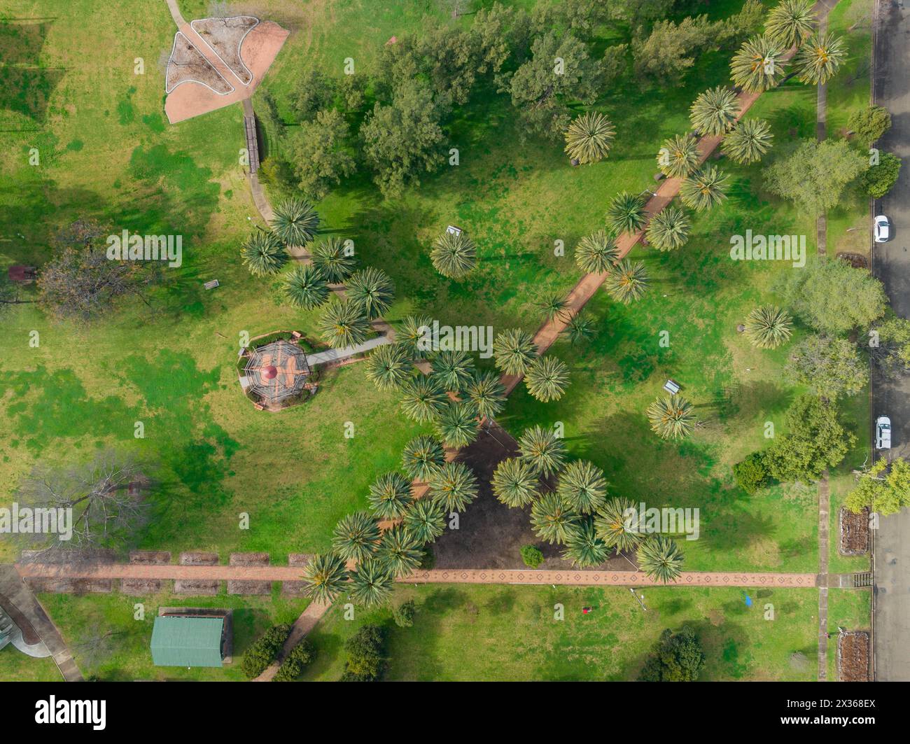 Aerial view of tree lined paths cutting diagonally through a town park ...