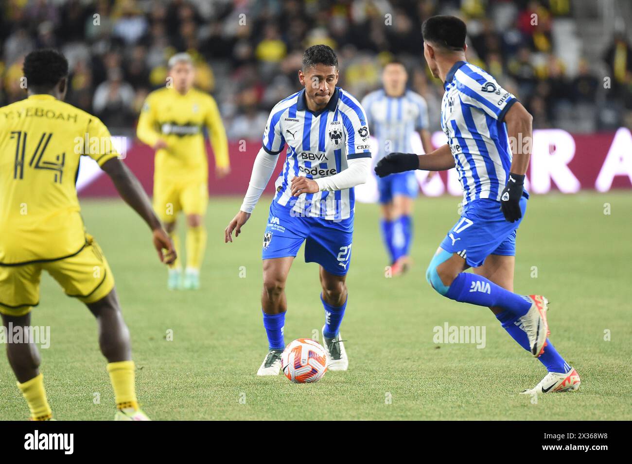 April 24, 2024: C.F. Monterrey midfielder Luis Romo (27) handles the ...