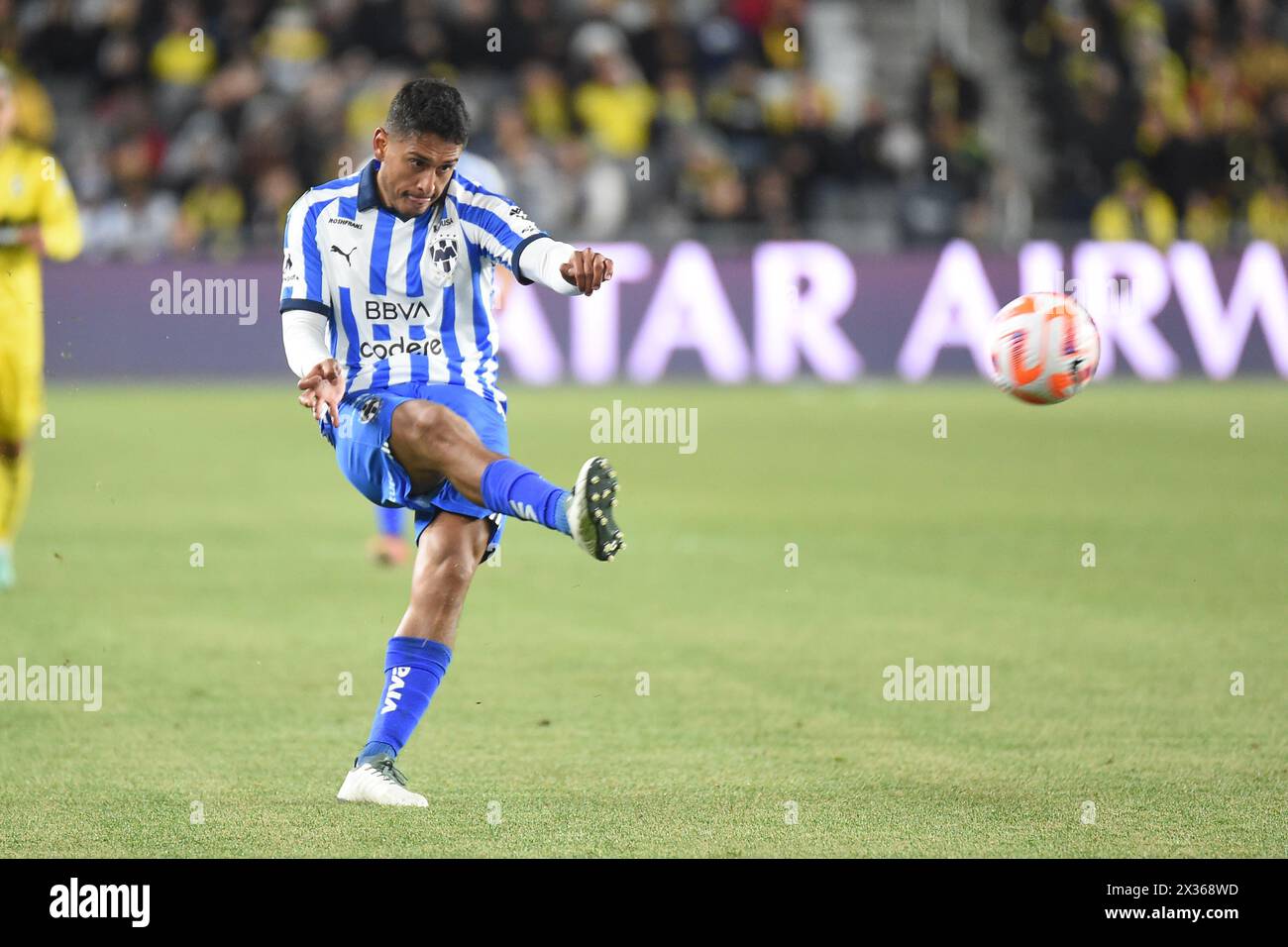 April 24, 2024: C.F. Monterrey midfielder Luis Romo (27) kicks the ball ...
